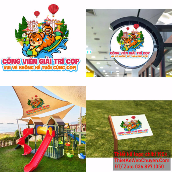 Vẽ chibi chú hổ chơi vui vẻ trong công viên giải trí để thiết kế logo